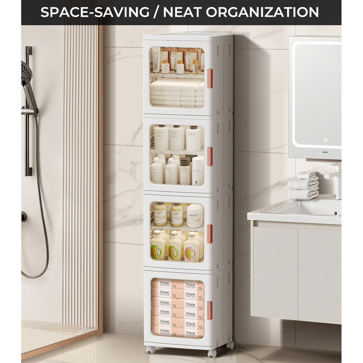 Rebrilliant 4-Tier Tall Bathroom Storage Cabinet Narrow Freestanding Bathroom Cabinet with Doors ...